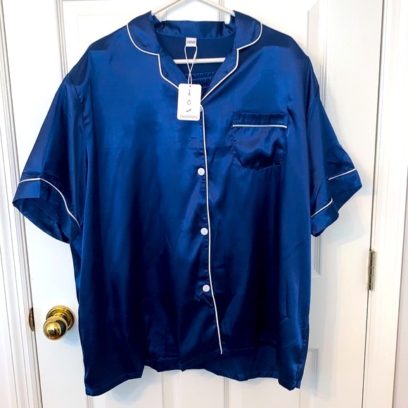 Swomog | Intimates & Sleepwear | Navy Silk Satin Pajamas Navy Blue With ...